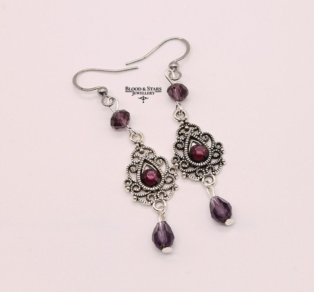 Gothic Filigree Purple Silver Crystal Earrings - Etsy