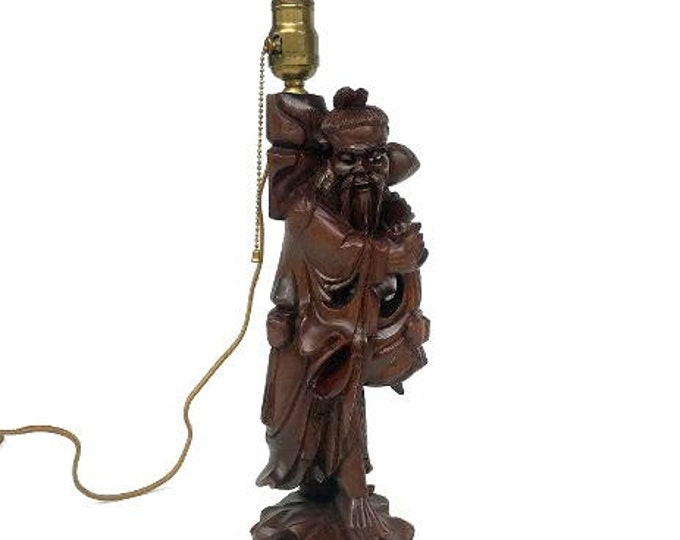 Vintage Asian Carved Wood Lamp, Wood Carved Asian Lamp, Chinese Carved ...