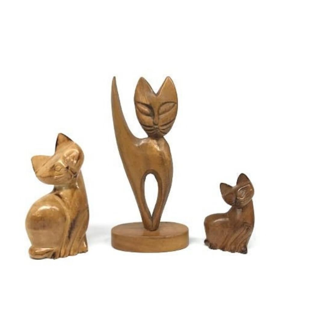 Vintage Wooden Atomic Siamese Cats Set, Mid Century Carved Wooden Cats ...