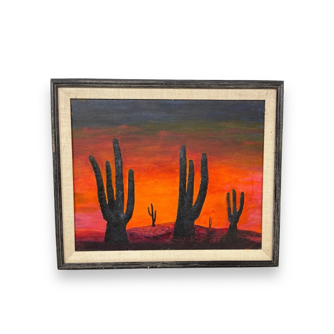 Vintage Desert Sunset Painting, Colorful Southwestern Painting, Cactus ...