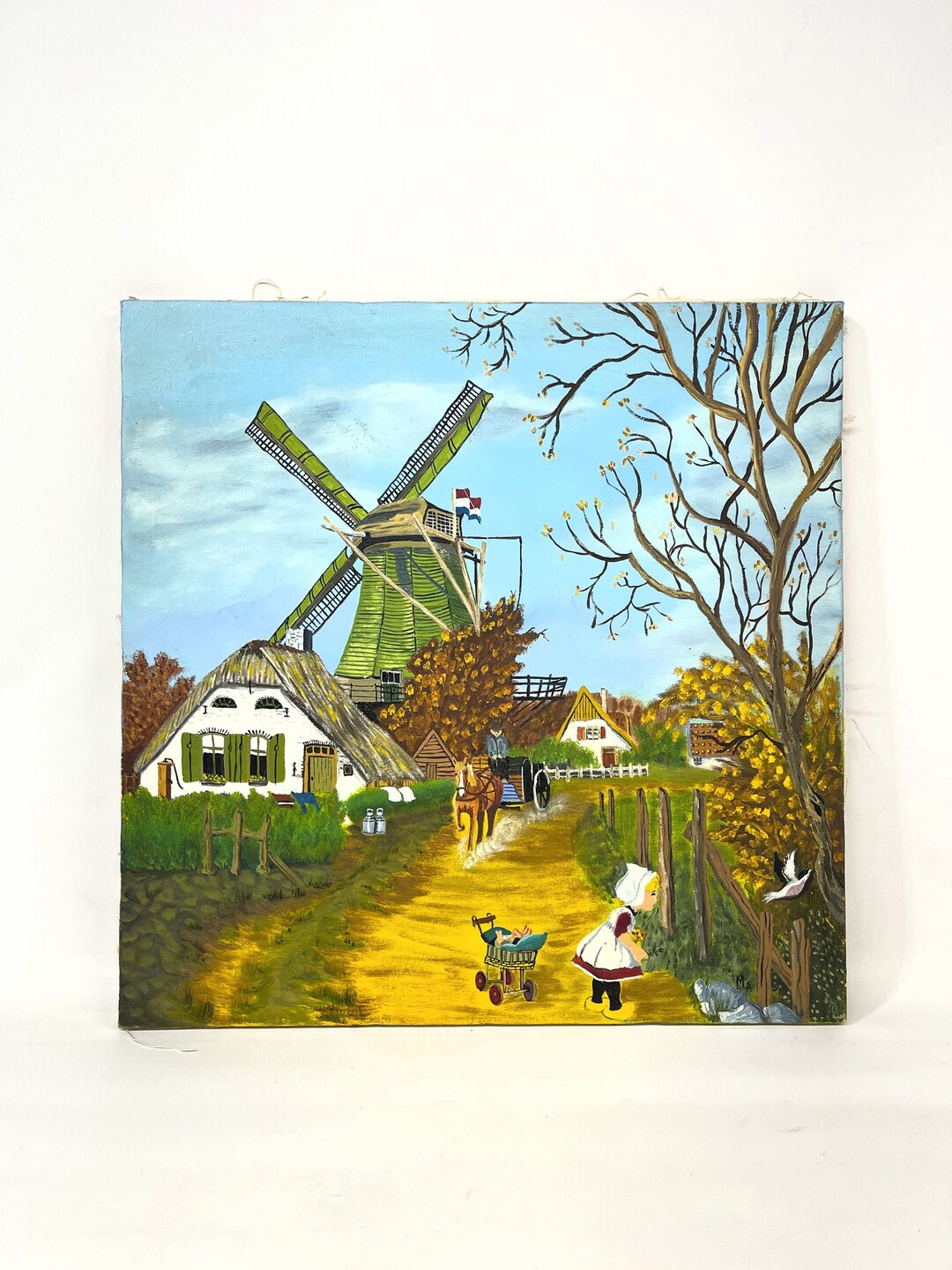 Vintage Dutch Oil Painting, Windmill Painting, Vintage Dutch Folk Art ...