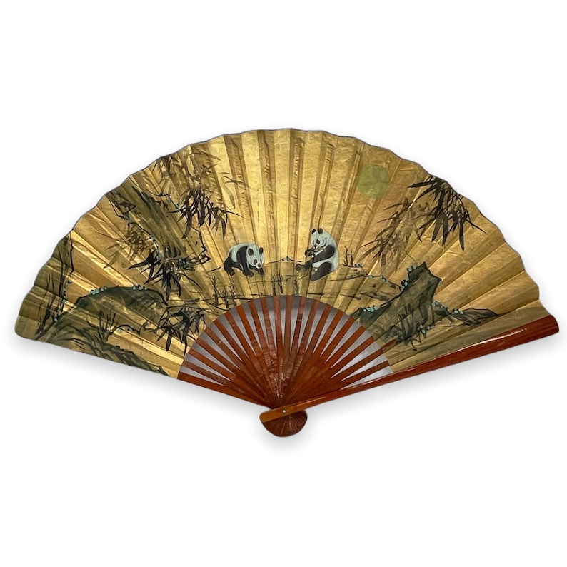 Vintage Extra Large Asian Gold Leaf Folding Fan Bamboo and - Etsy