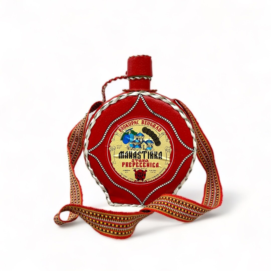 Vintage Round Glass Flask With Red and White Leather Cover, Bar Decor ...