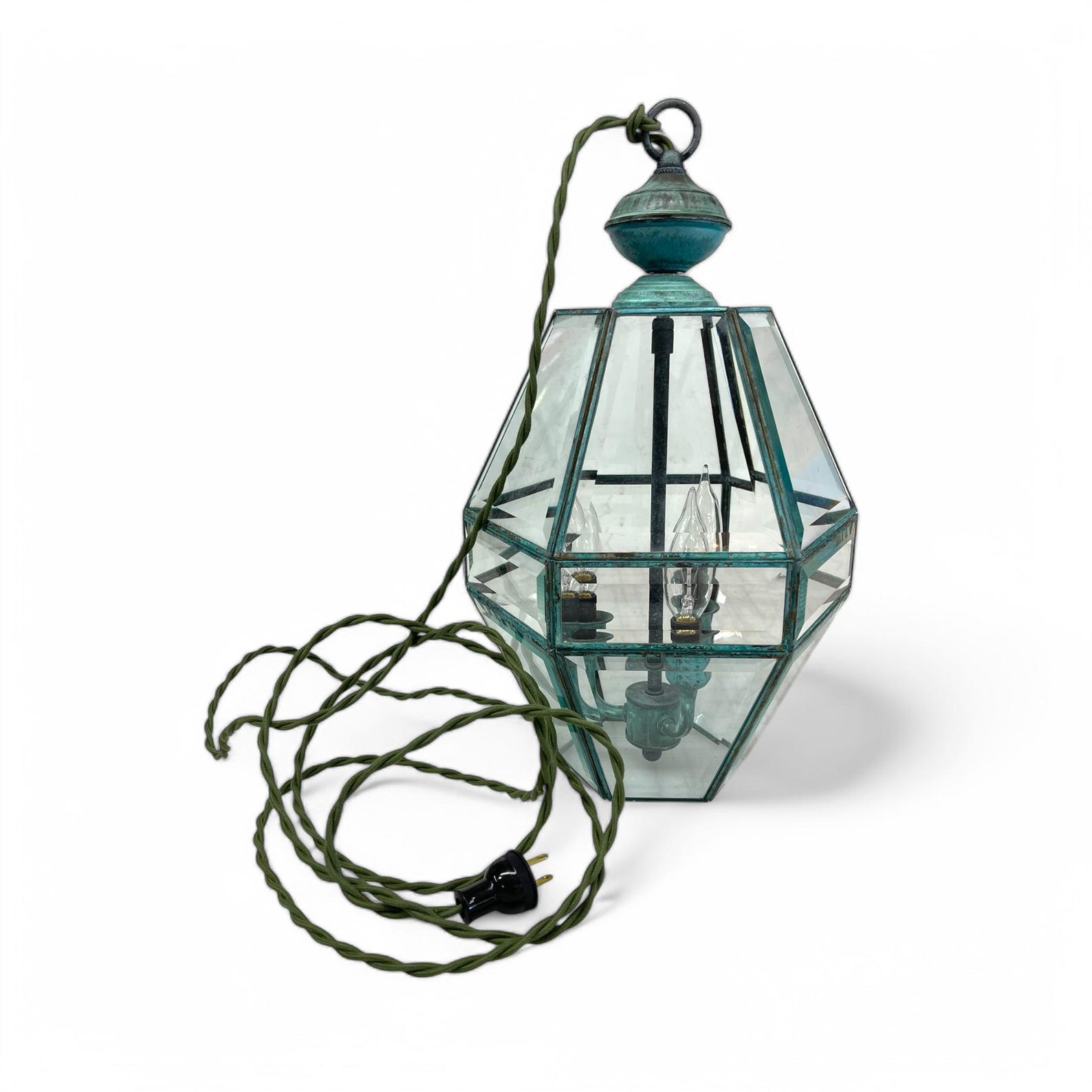 Vintage Hexagon Verdigris Hanging Light - Faceted Beveled Glass, 3 ...