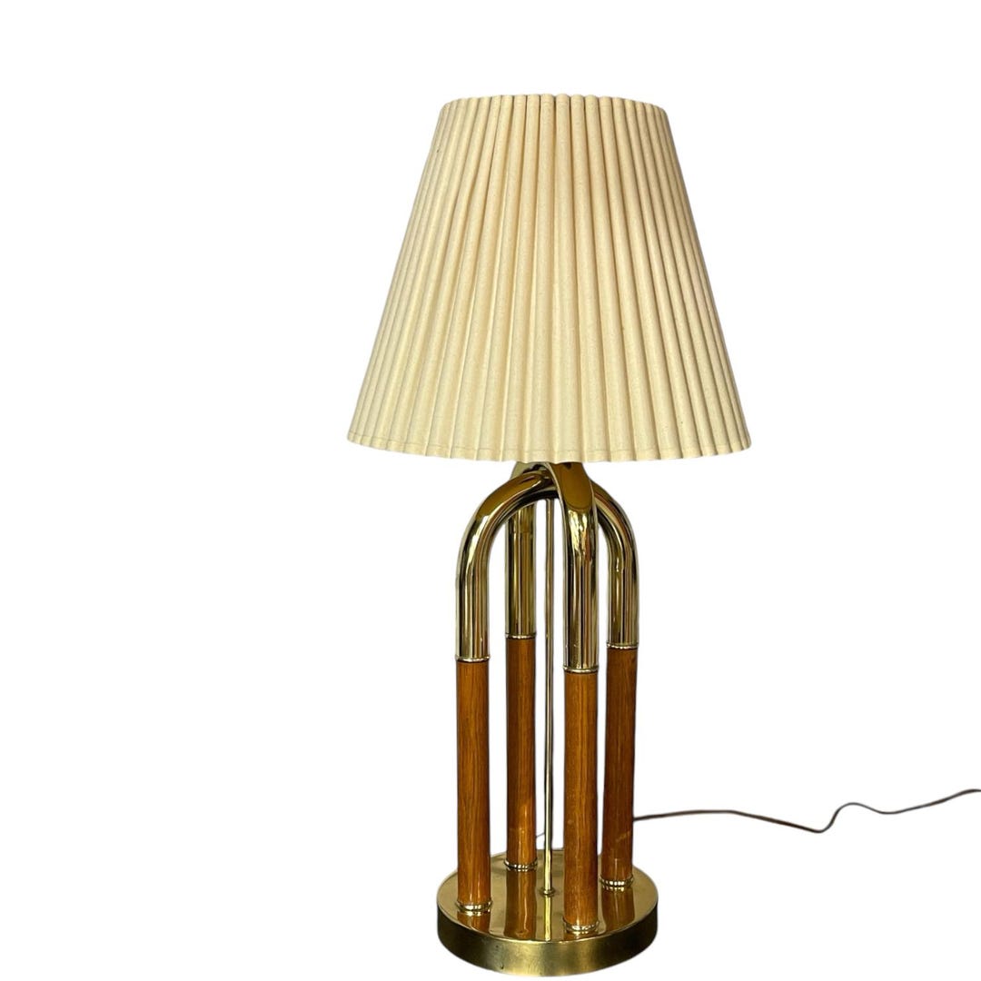 Vintage Designer Clover Lamp - Mid Century Arched Brass Tube and Wood ...