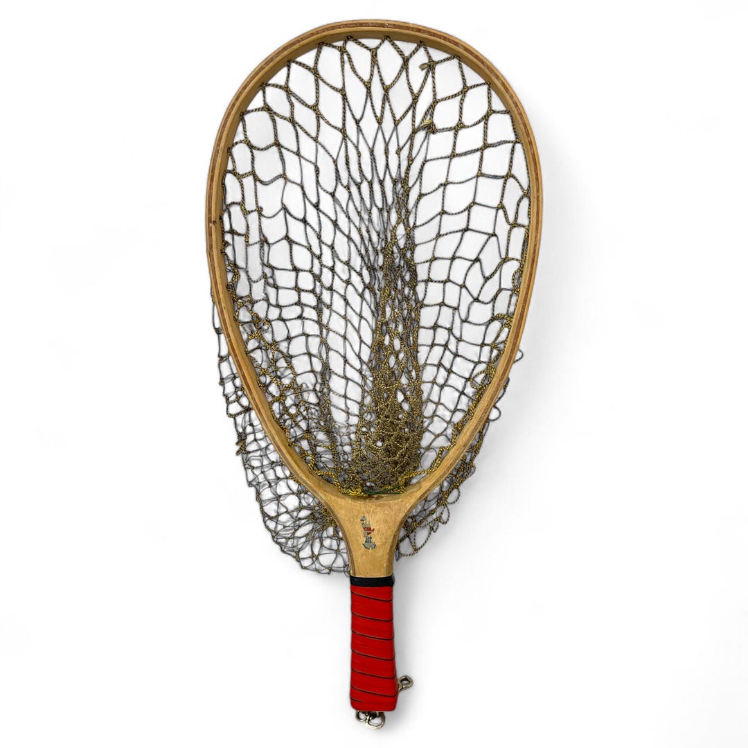 Vintage Trout Fishing Net - Wood Frame, Red Handle, Collectible Fishing ...