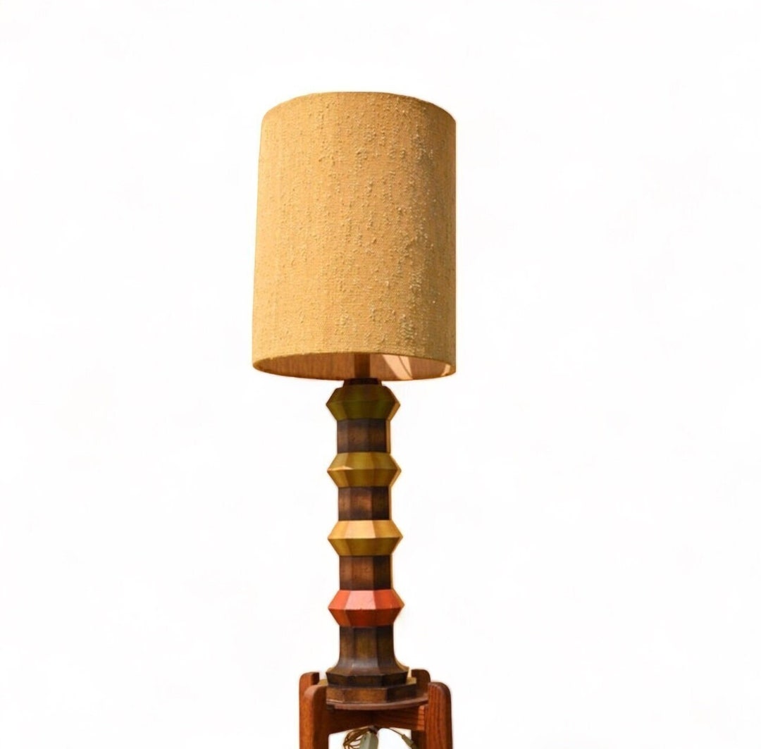 Vintage Boho Wooden Table Lamp - Colorful Retro Lamp, Tiki Bar Decor ...