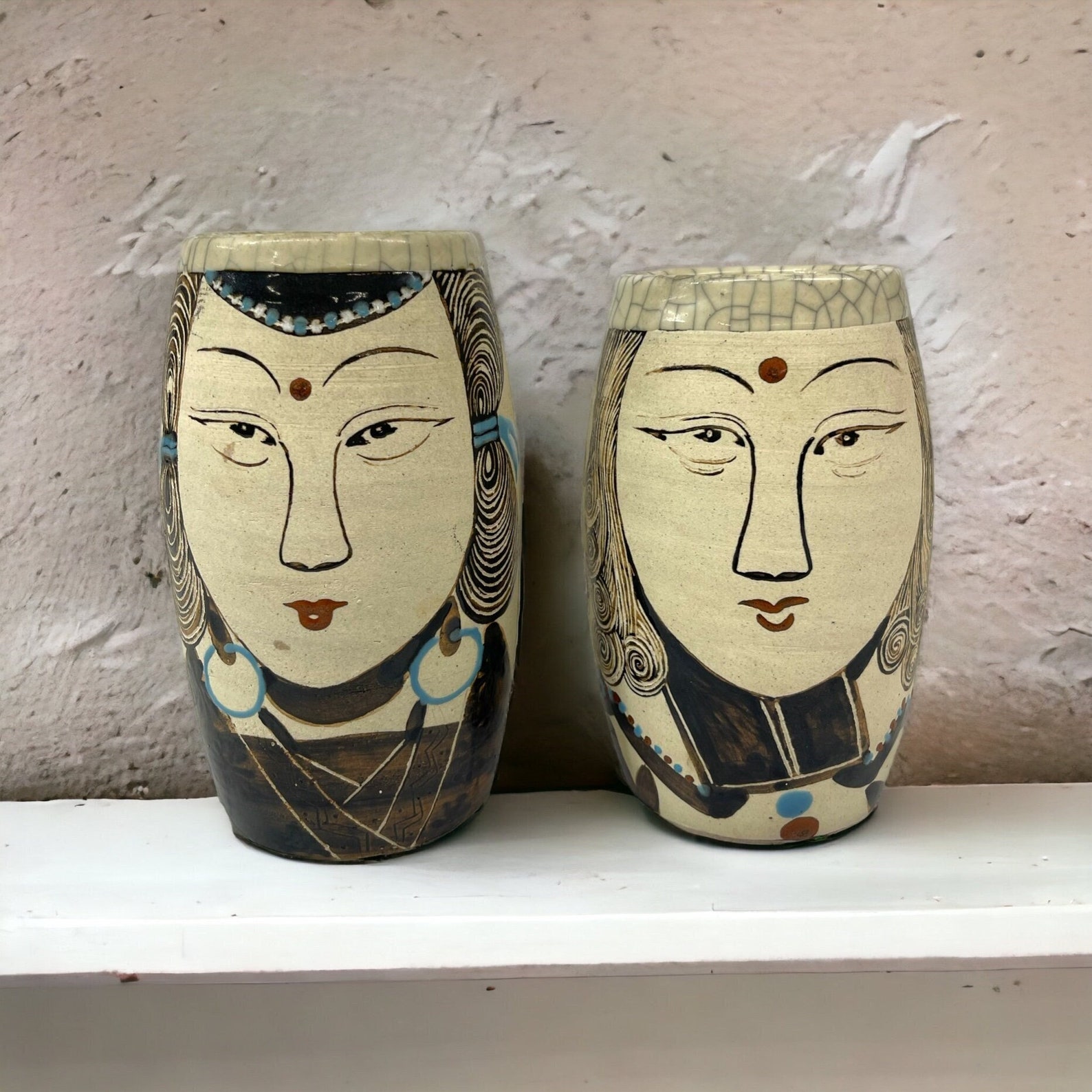 Vintage Face Vase Pair - Hand Painted Ceramic Man Woman Vases, Unique ...
