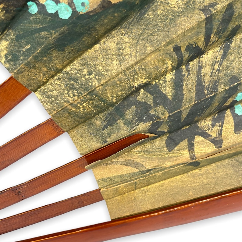 Vintage Extra Large Asian Gold Leaf Folding Fan Bamboo and - Etsy