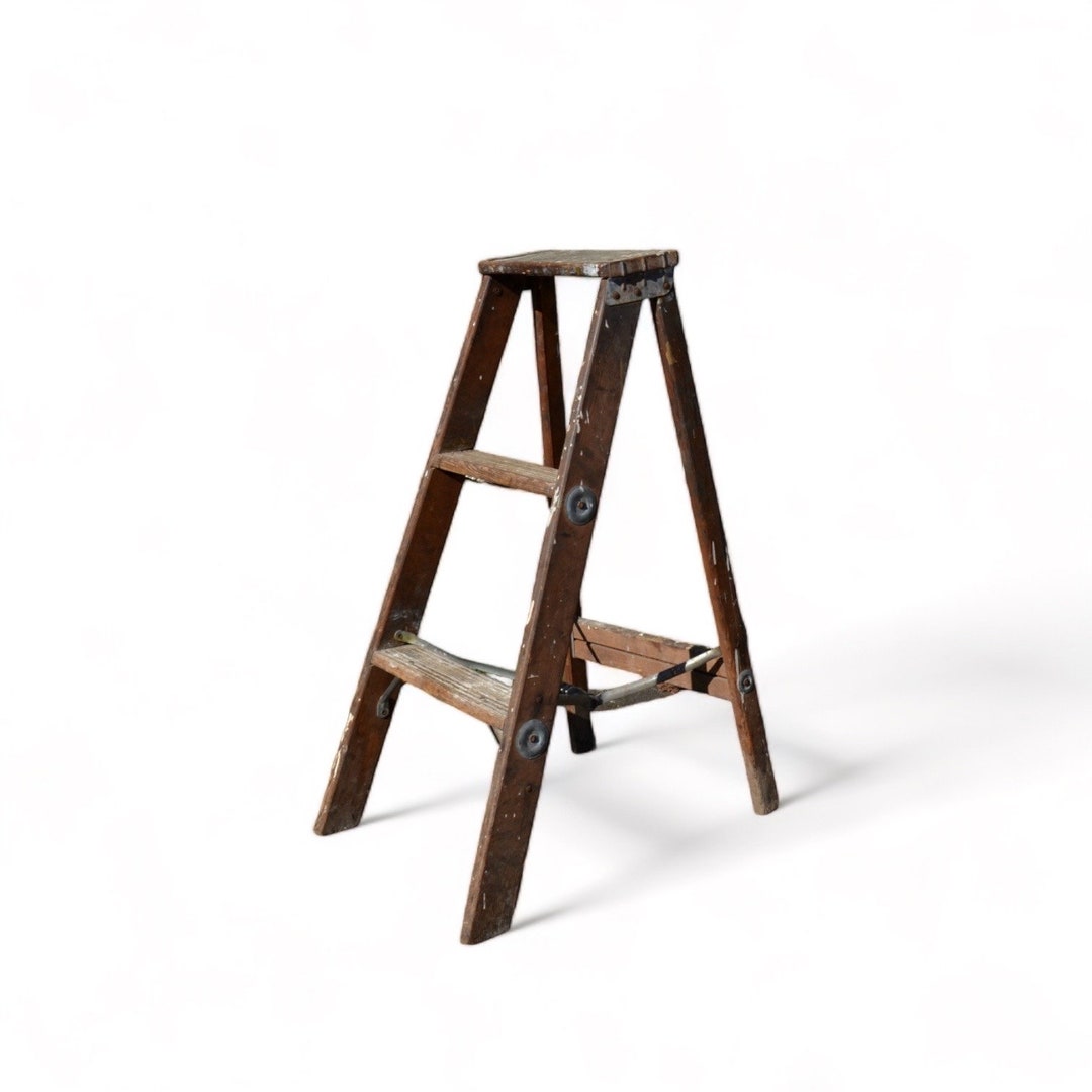 Vintage Wood Step Ladder, Portable Folding Wooden Ladder, Modern ...