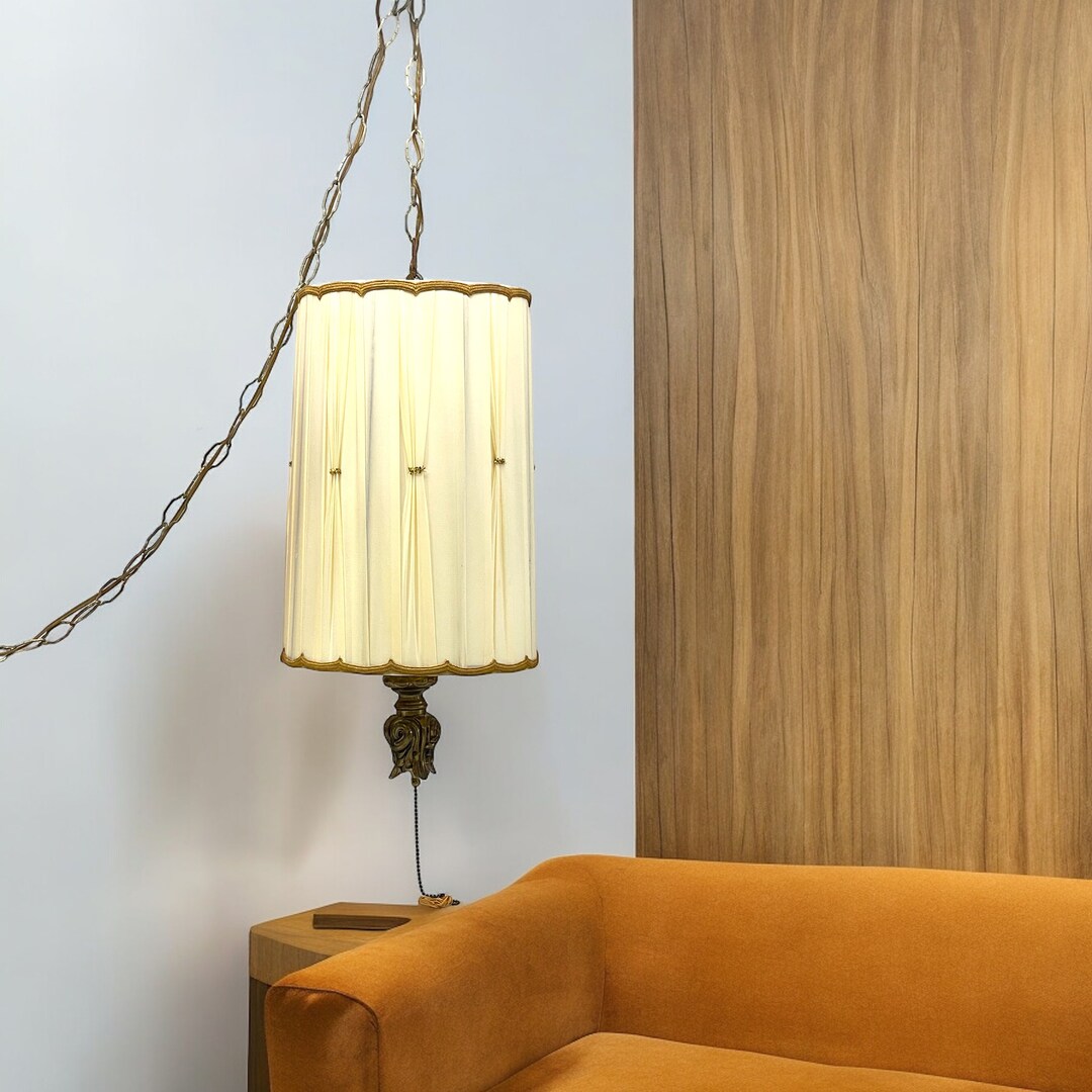 Vintage Mid Century Lamp Shade Hanging Light, 60s Swag Light With Pull ...