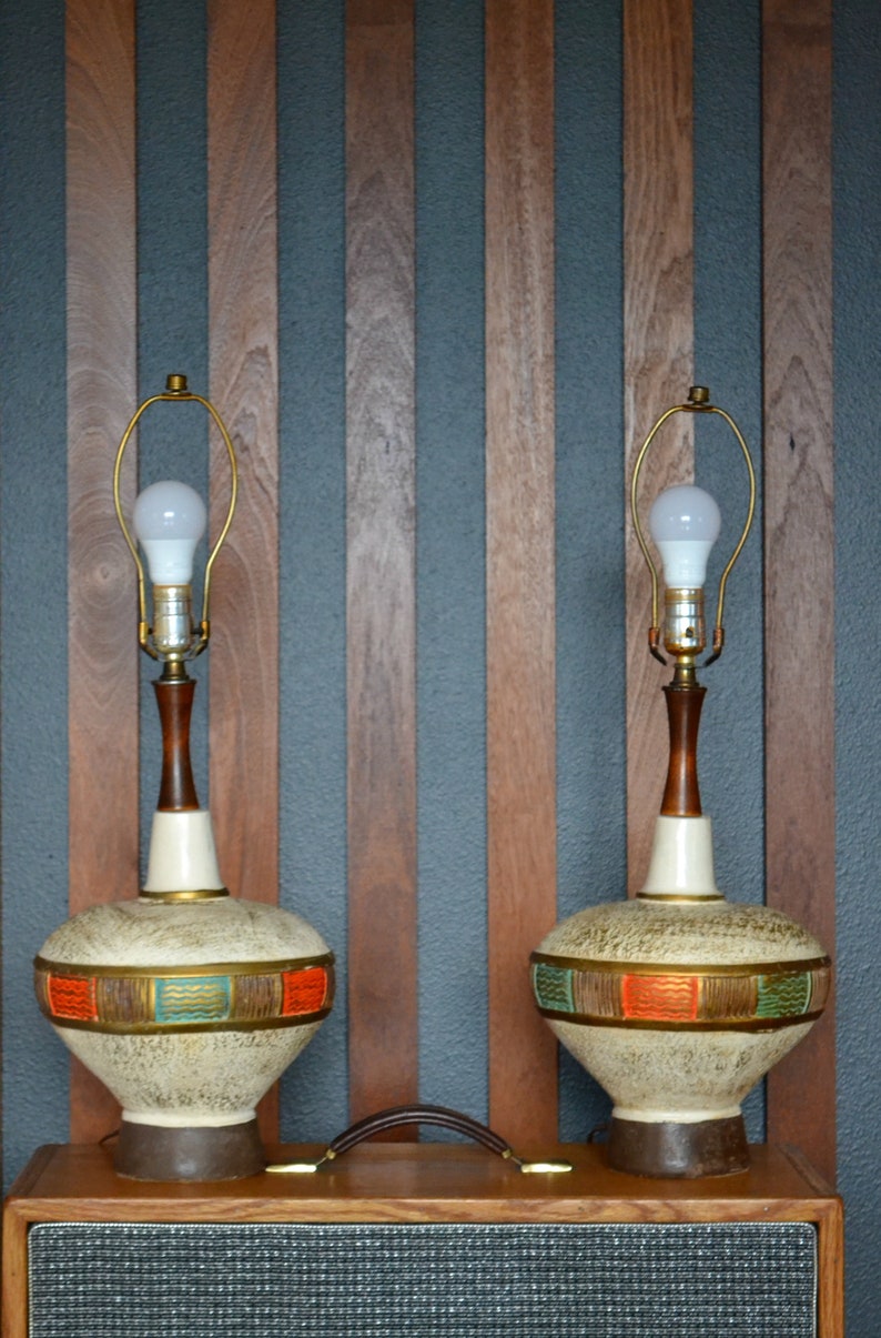 Vintage Mid Century Lamps Pair Ceramic Teak Lamps Danish | Etsy