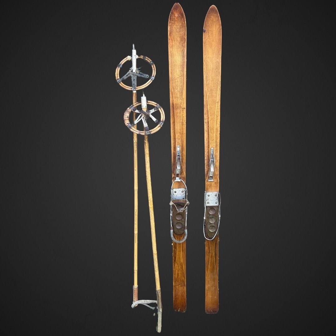 Vintage Snow Skis Pair, Wooden Snow Skis, Vintage Snow Skis and Poles ...