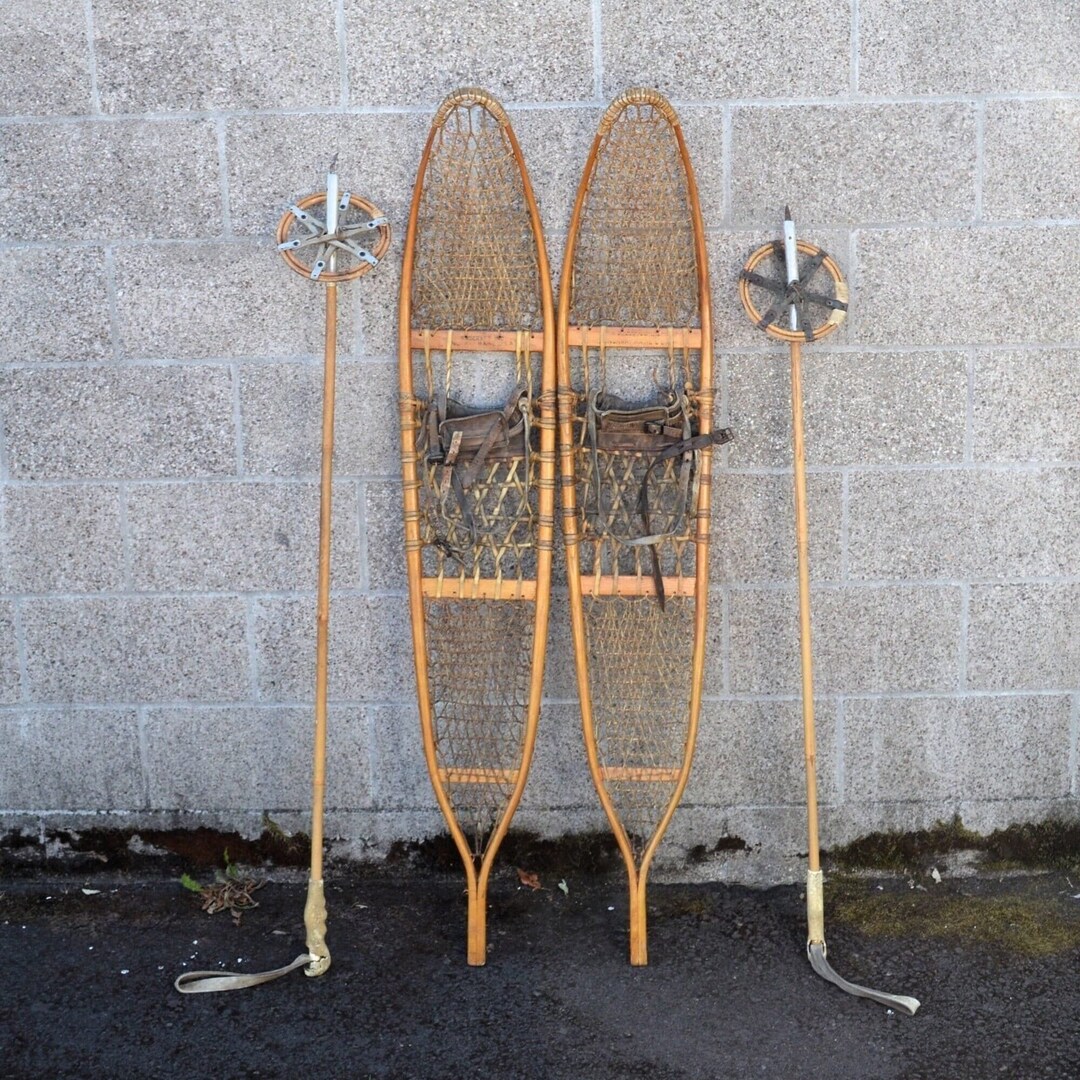 Vintage Wooden Snowshoes With Ski Poles, Wood Snocraft Snowshoe, Cabin ...