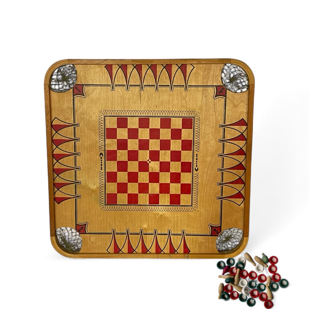 Vintage Carrom Game Board With Game Pieces, Double Sided Square Game ...
