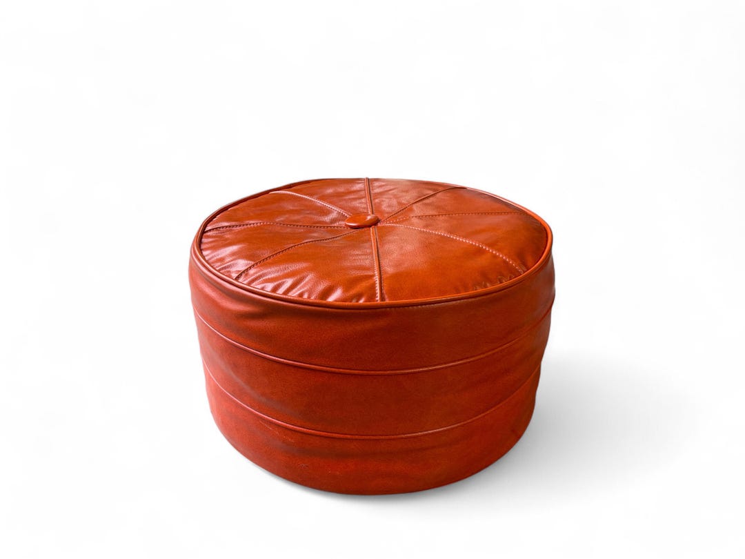Vintage Orange Vinyl Ottoman - Mid Century Modern Straw Footstool - Etsy