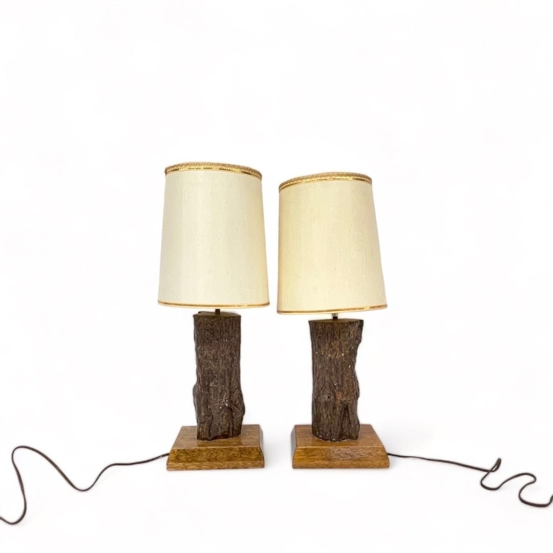 Vintage Log Table Lamps With Shades, Rustic Cabin Decor, Pair of Lodge ...