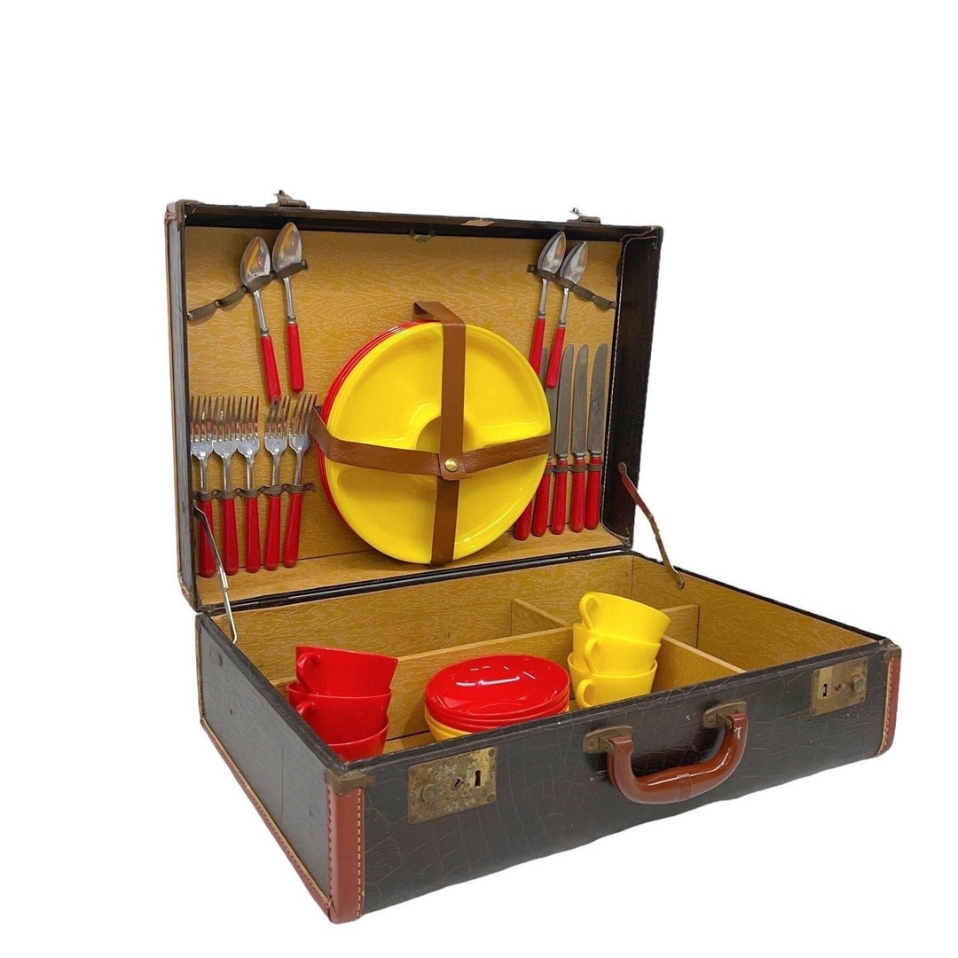 Vintage Mid Century Picnic Suitcase With Dishes, Retro Suitcase ...