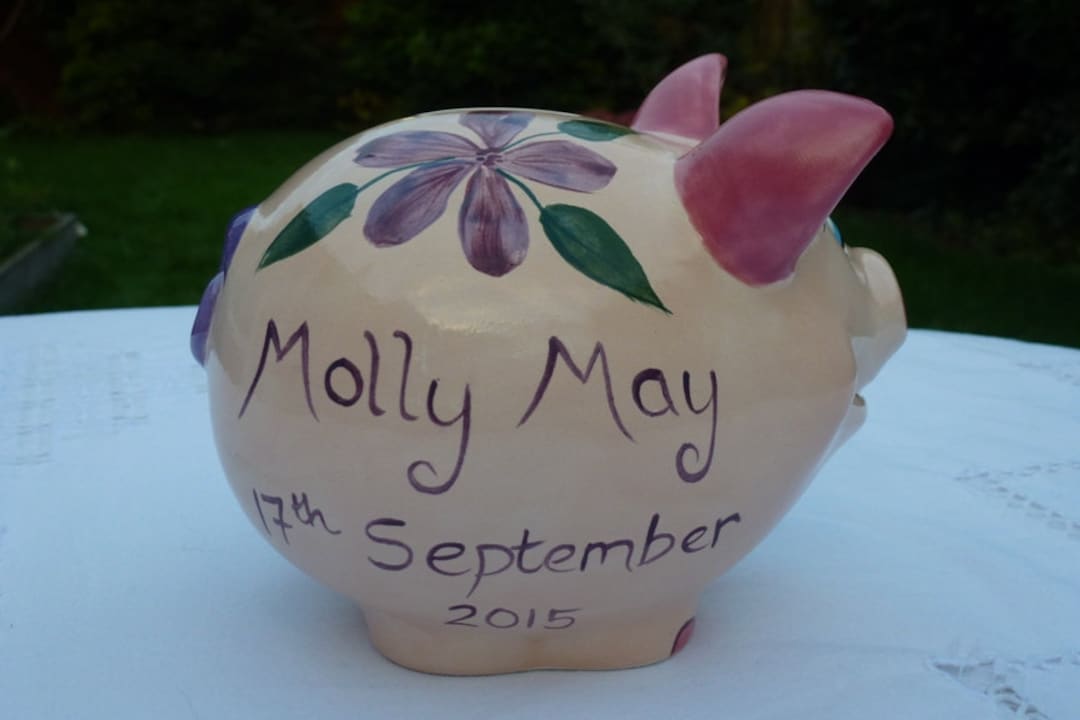 Hand Painted Ceramic Pig Money Box Bank, Birth and Christening Gift - Etsy