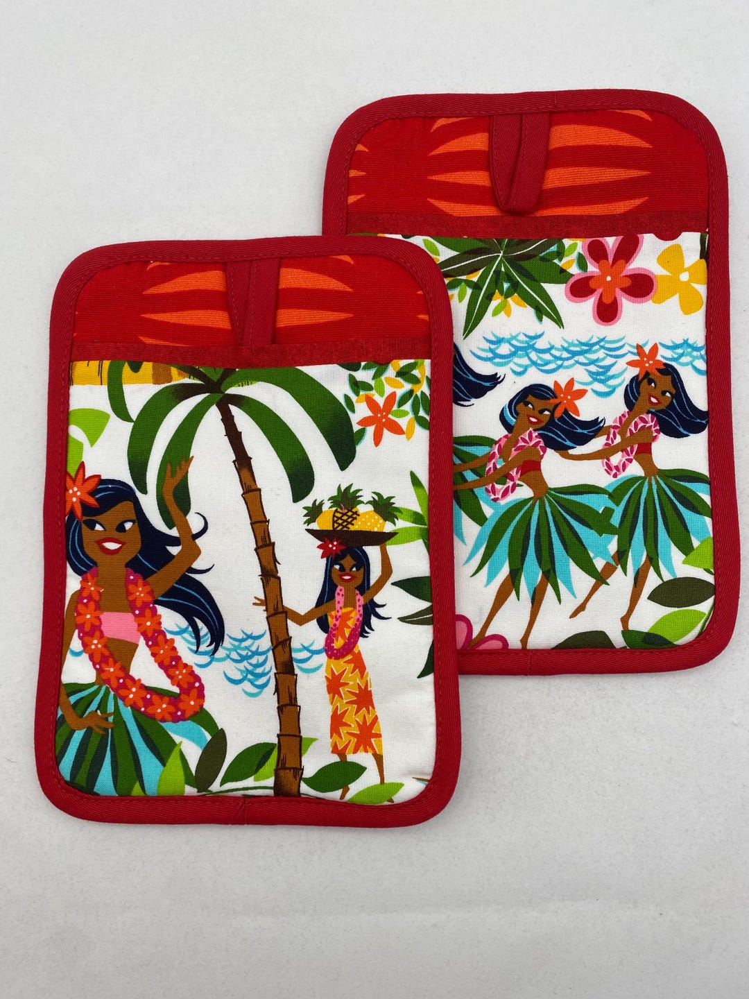 Two Square Pocket Pot Holders - HAWAIIAN HULA GIRLS, Tropical, Palm ...