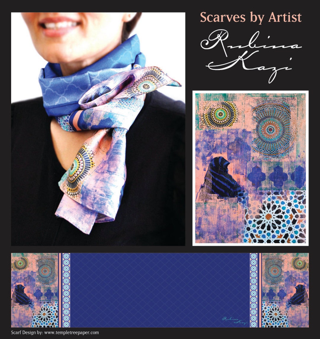 Moroccan Silk Scarf: Blue & Pink Berber Portrait, Hand-painted Design ...