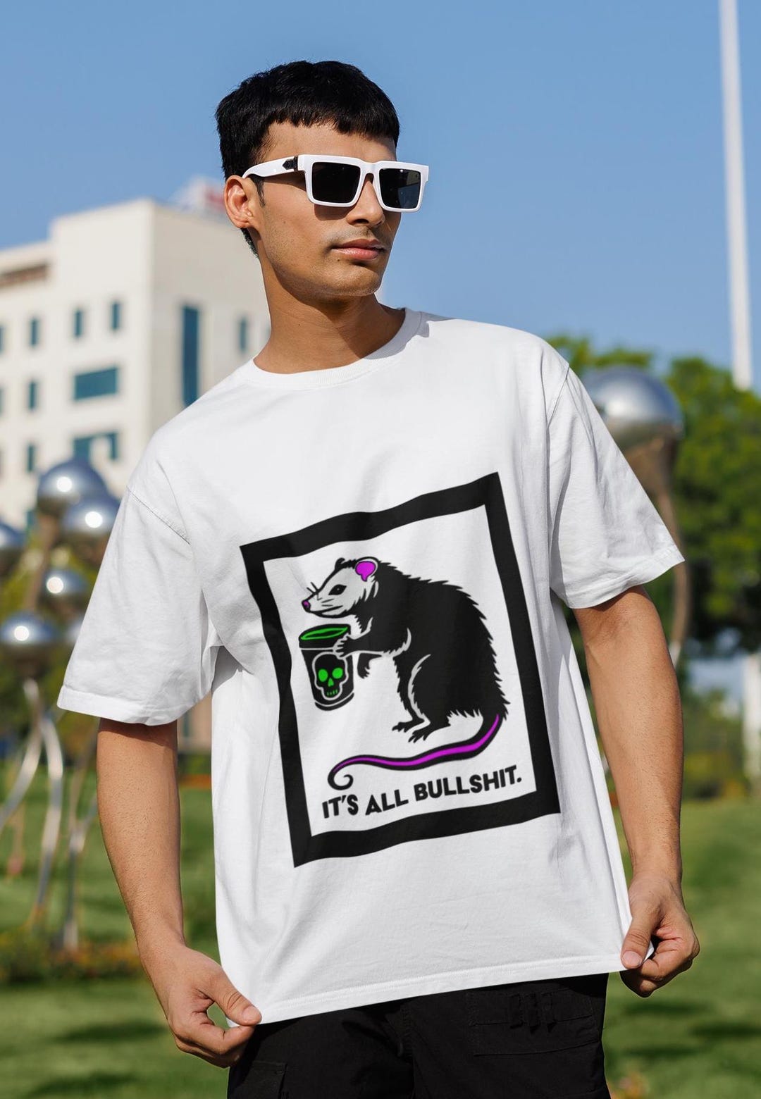 Opossum Possum Drinking From Black Skull Cup Neon Green Hot Pink Its ...