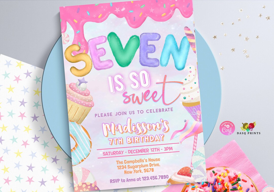 Seven is so Sweet 7th Birthday Invitation Birthday Party Invitation ...