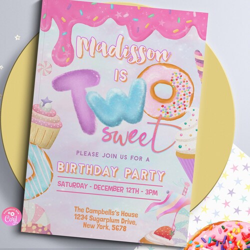 Two Sweet Editable Printable Birthday Party Invitation - Etsy