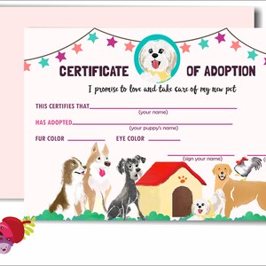 Pet Adoption Certificate,pawty Puppy Party - Etsy