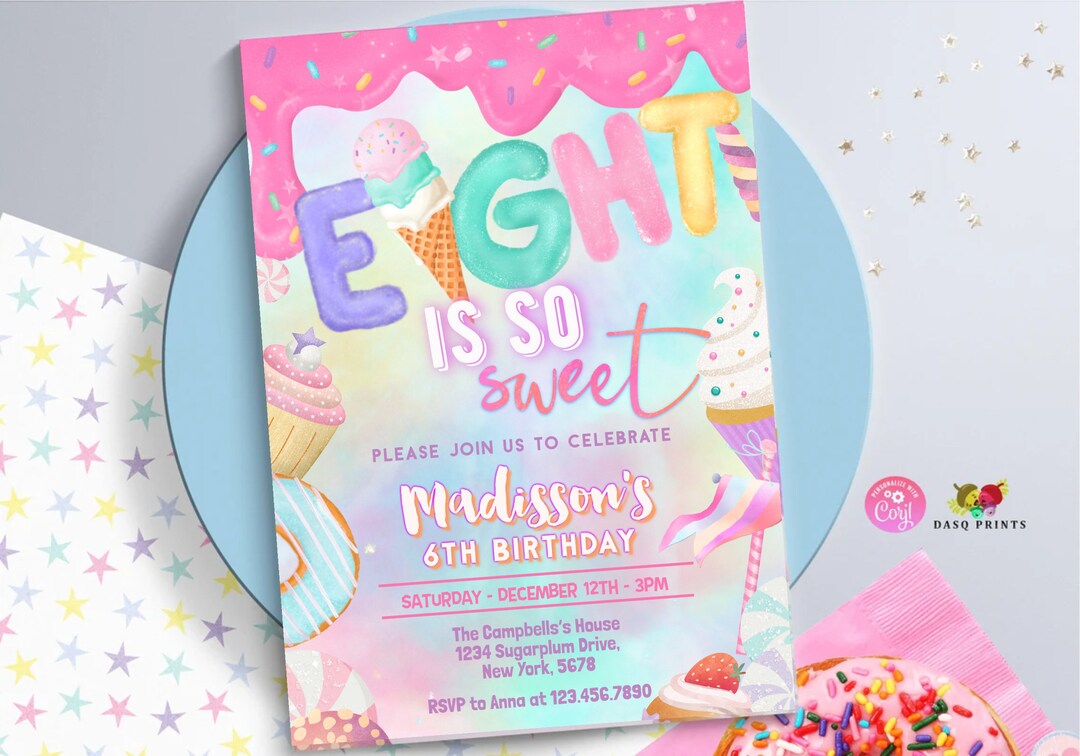 Eight is so Sweet Girl 8th Birthday Invitationpastel Ice Cream Girl ...