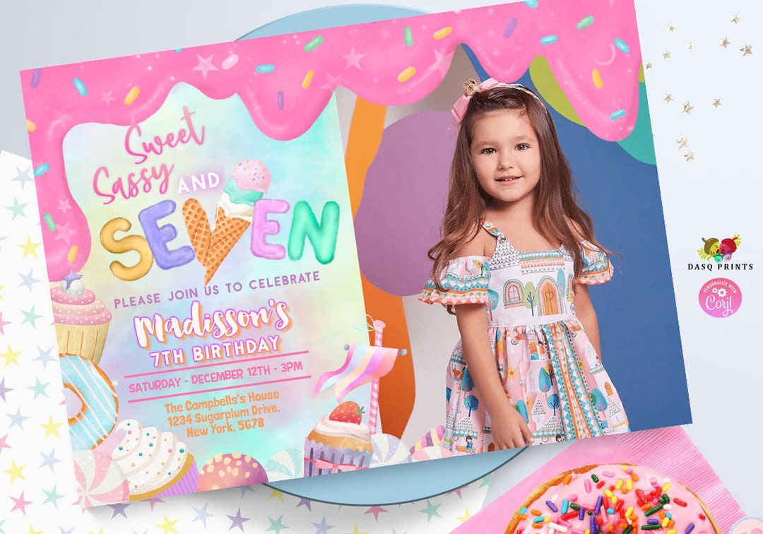 Seven is so Sweet 7th Icecream Birthday Invitation Donut Rainbow ...