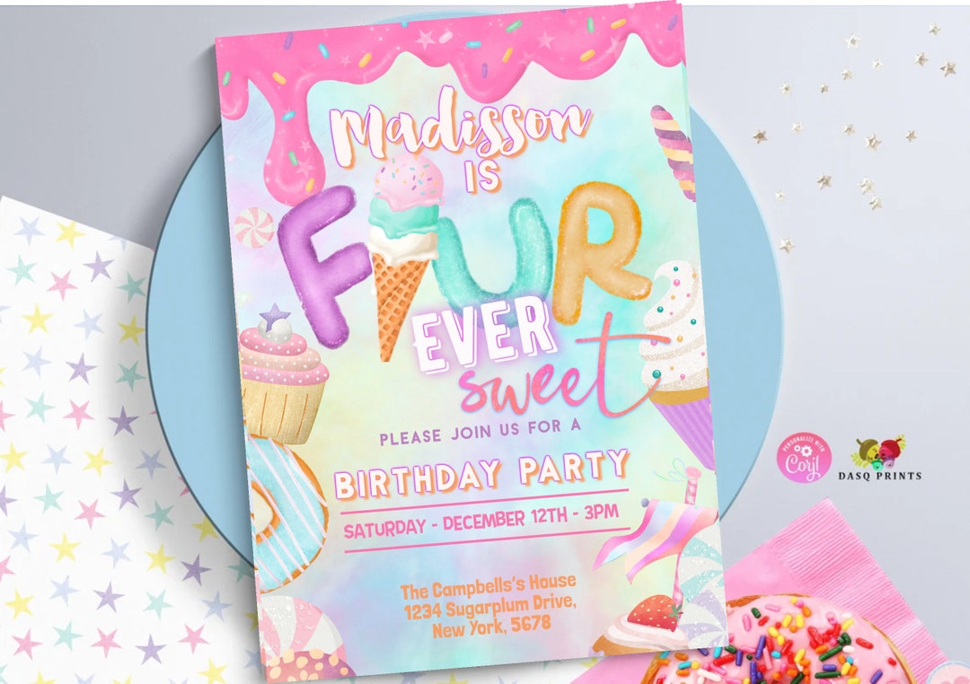 Fourever Sweet Girl 4th Birthday Invitation Birthday Party Invitation ...
