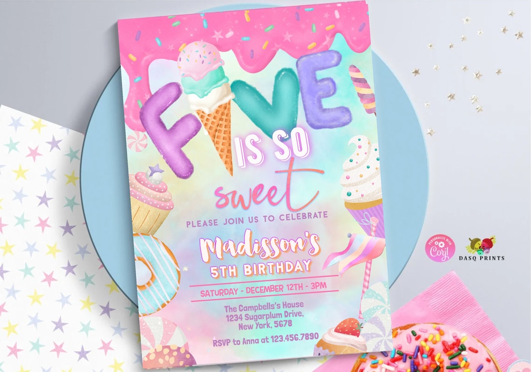 Five is so Sweet 5th Birthday Invitation Pastel Donut Ice Cream Girl ...