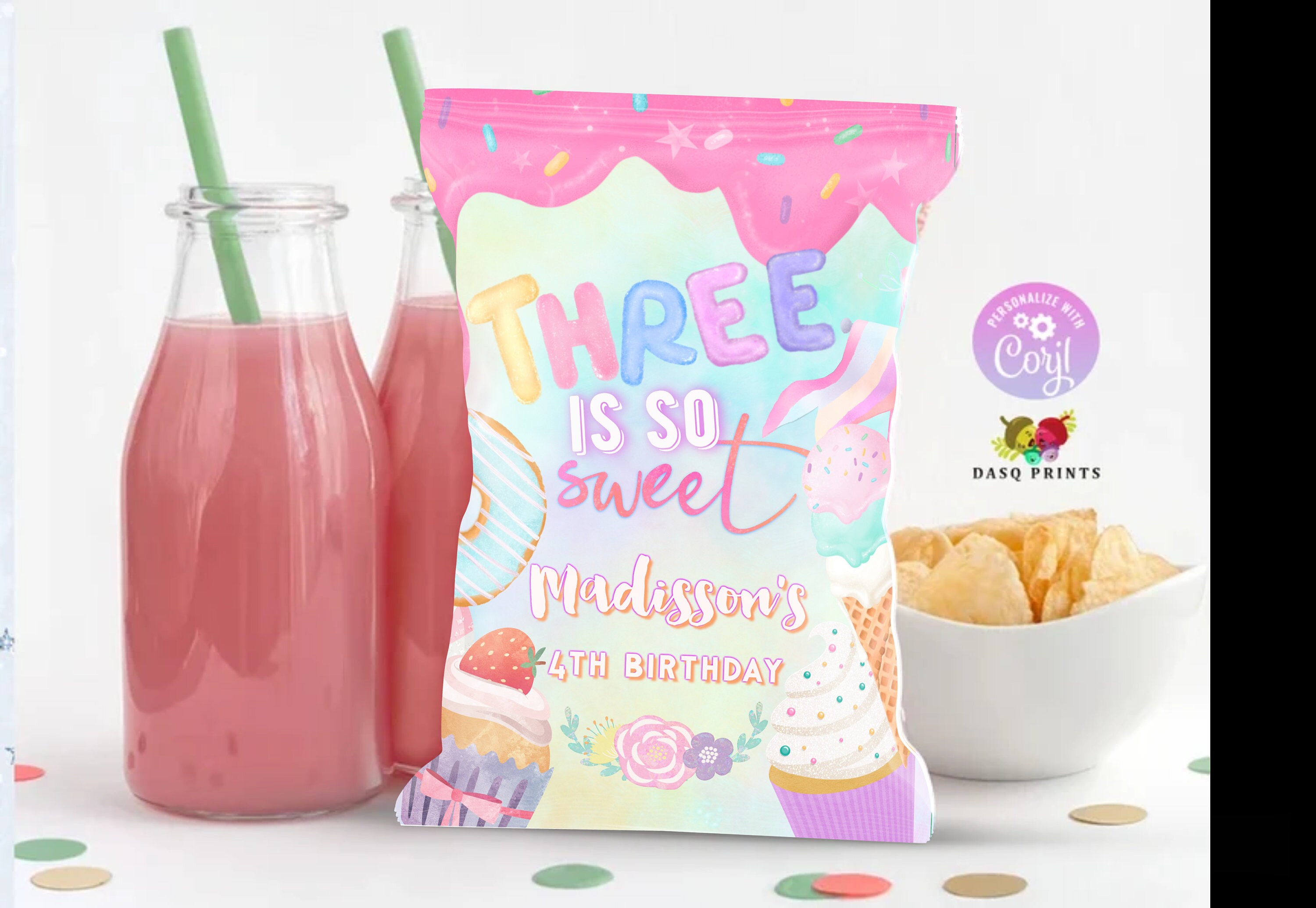 Three is so Sweet Birthday Party Chip Bag Template Ice Cream Girl Donut ...
