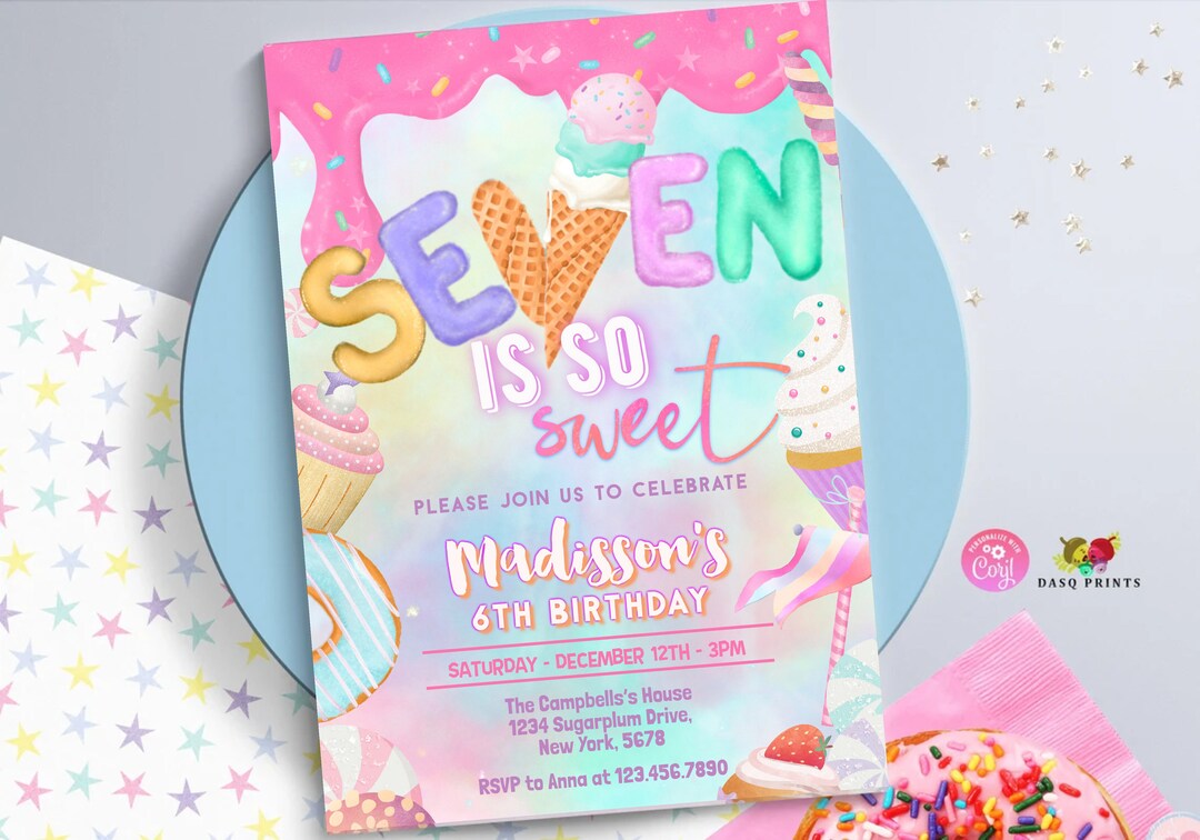 Seven is so Sweet 7th Birthday Invitation Birthday Party Invitation ...