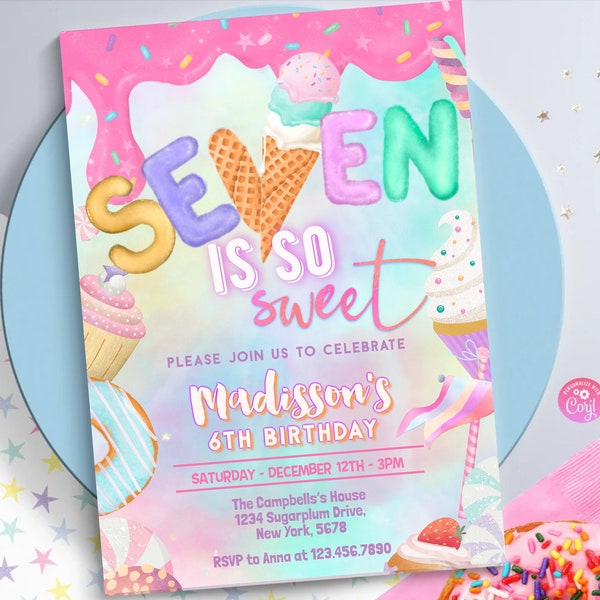 Seven is Sweet Invitation - Etsy