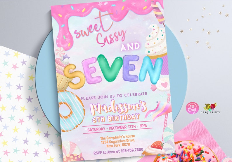 Sweet Sassy and Seven 7th Birthday Invitation Birthday Party - Etsy