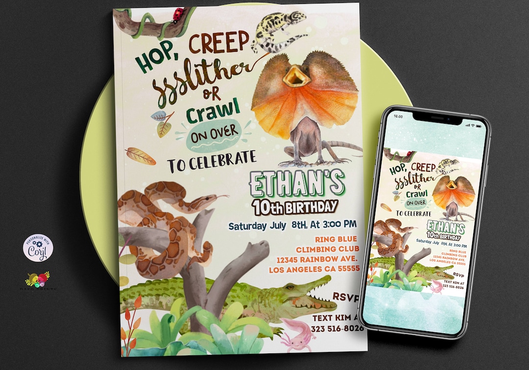 Editable Reptile Birthday Party Invitation, Zoo Party, Crocodile Lizard ...
