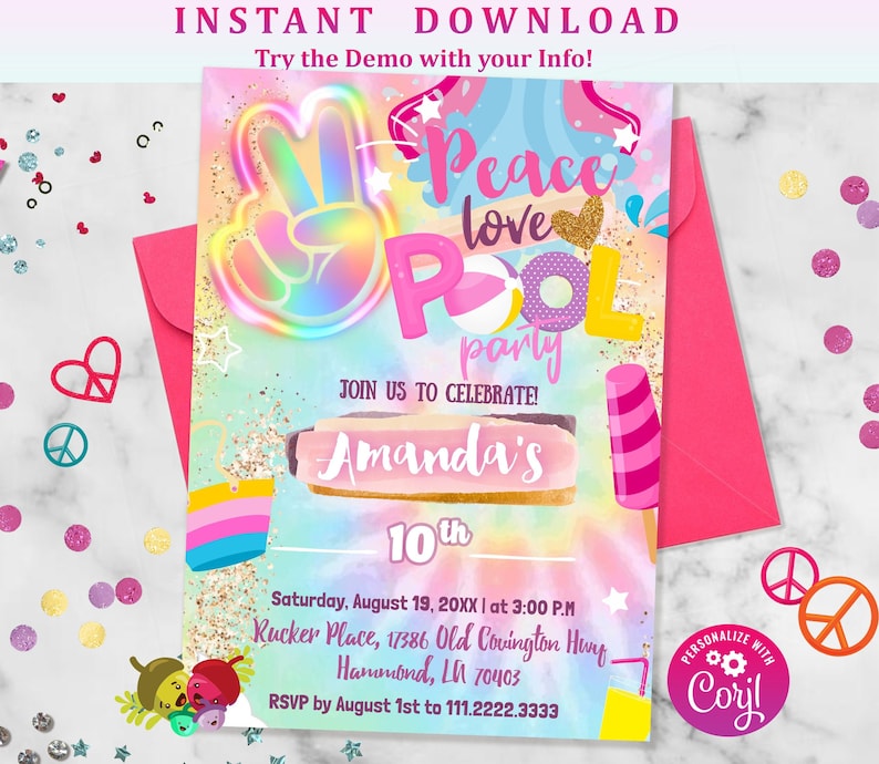 Editable Pool Party Invitation Swimming Pool Tie Dye Pool - Etsy