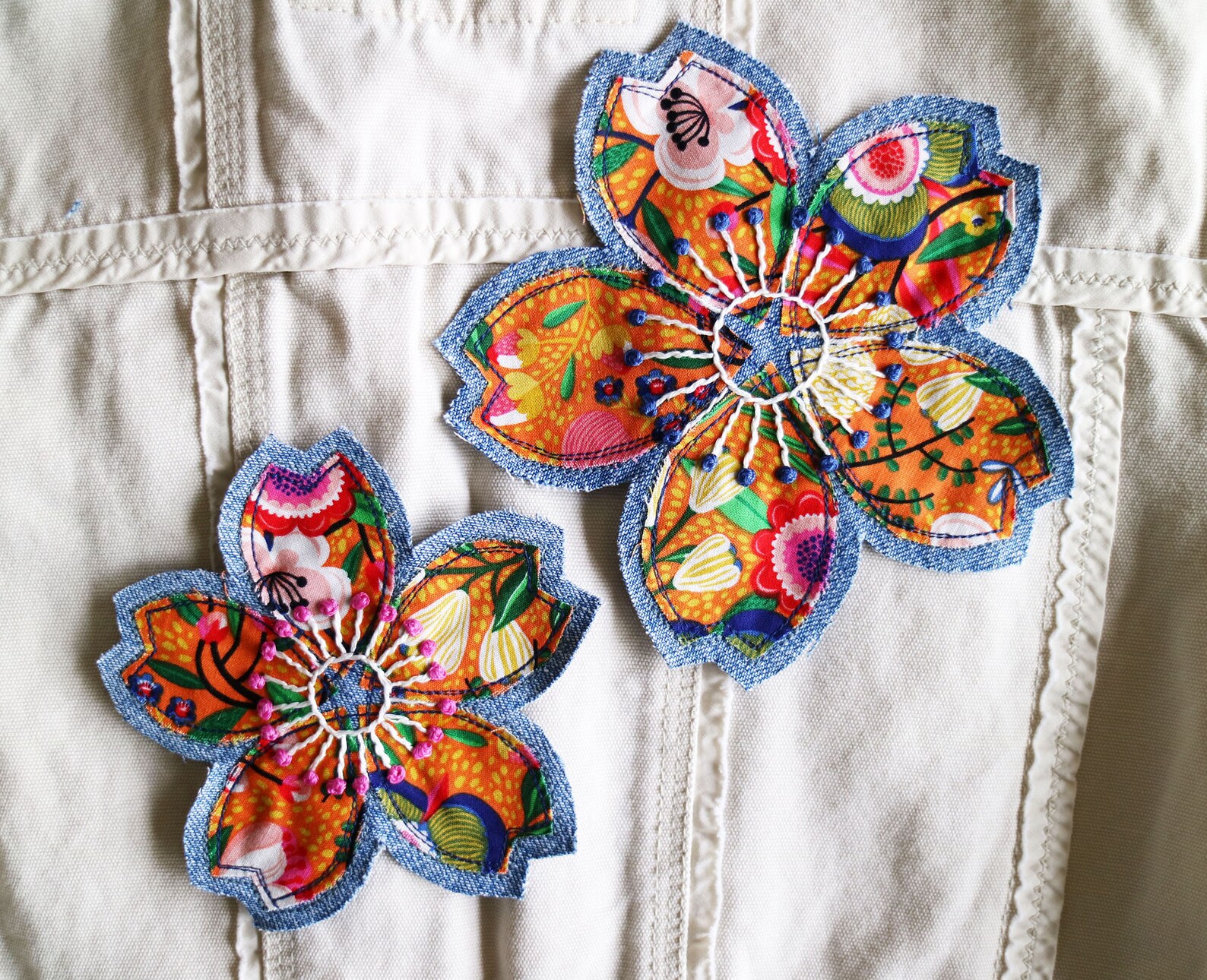 Hand Embroidered Clothing Patch Spring Flowers Orange Blue - Etsy