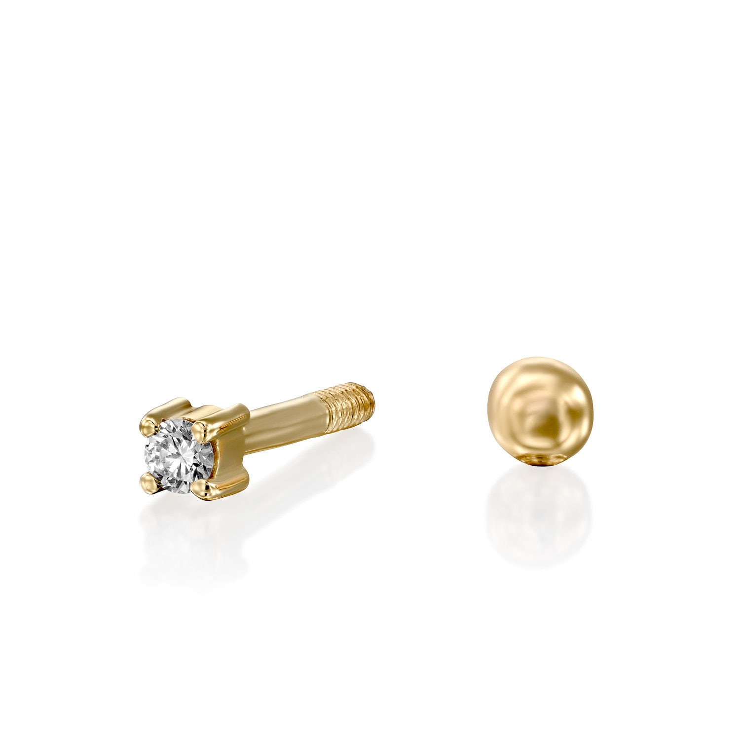 14K Solid Gold Diamond Ear Stud Screw Back Piercing SINGLE EARRING ...