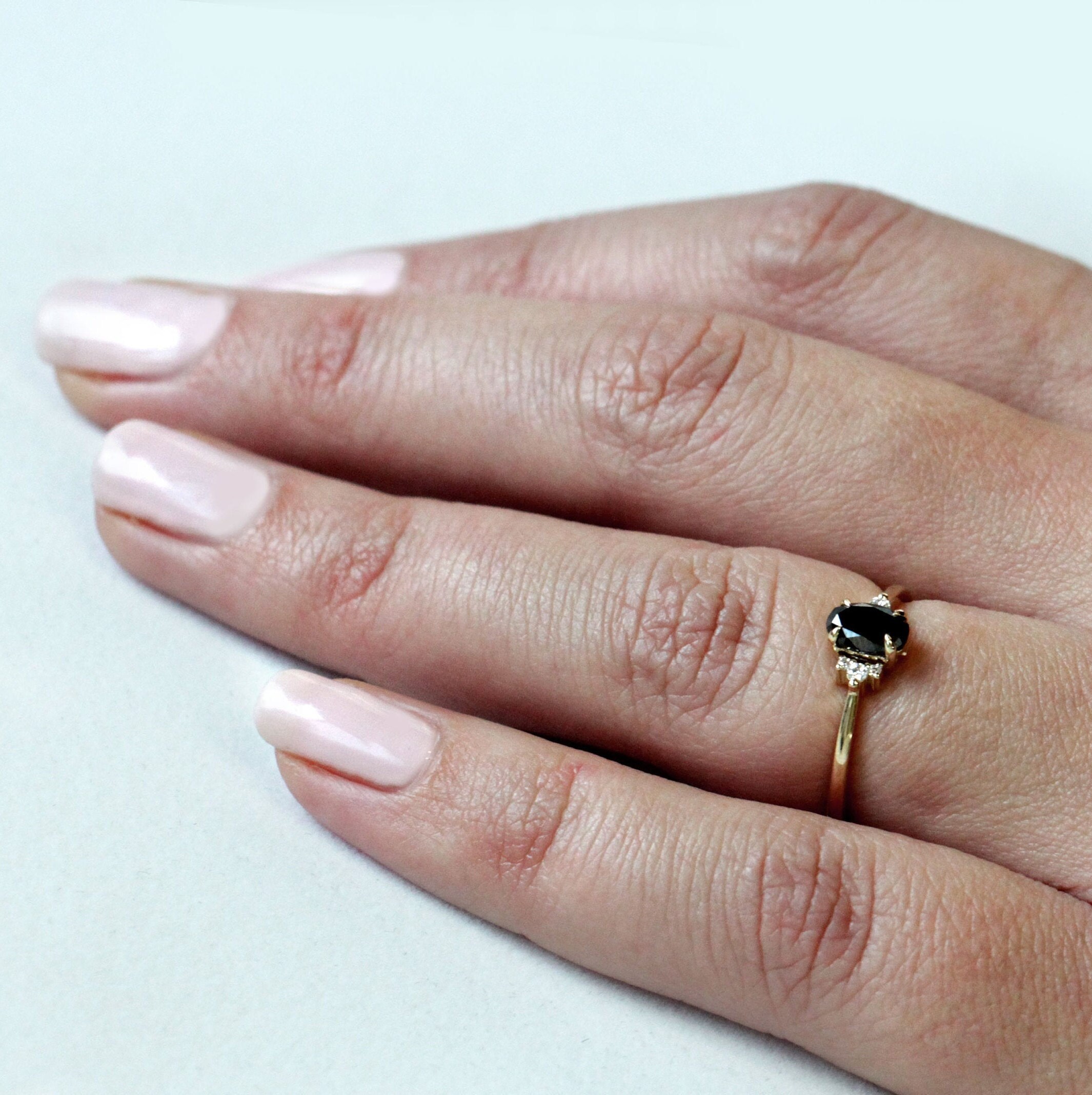 Oval Engagement Ring Black Diamond 14K Gold Wedding - Etsy