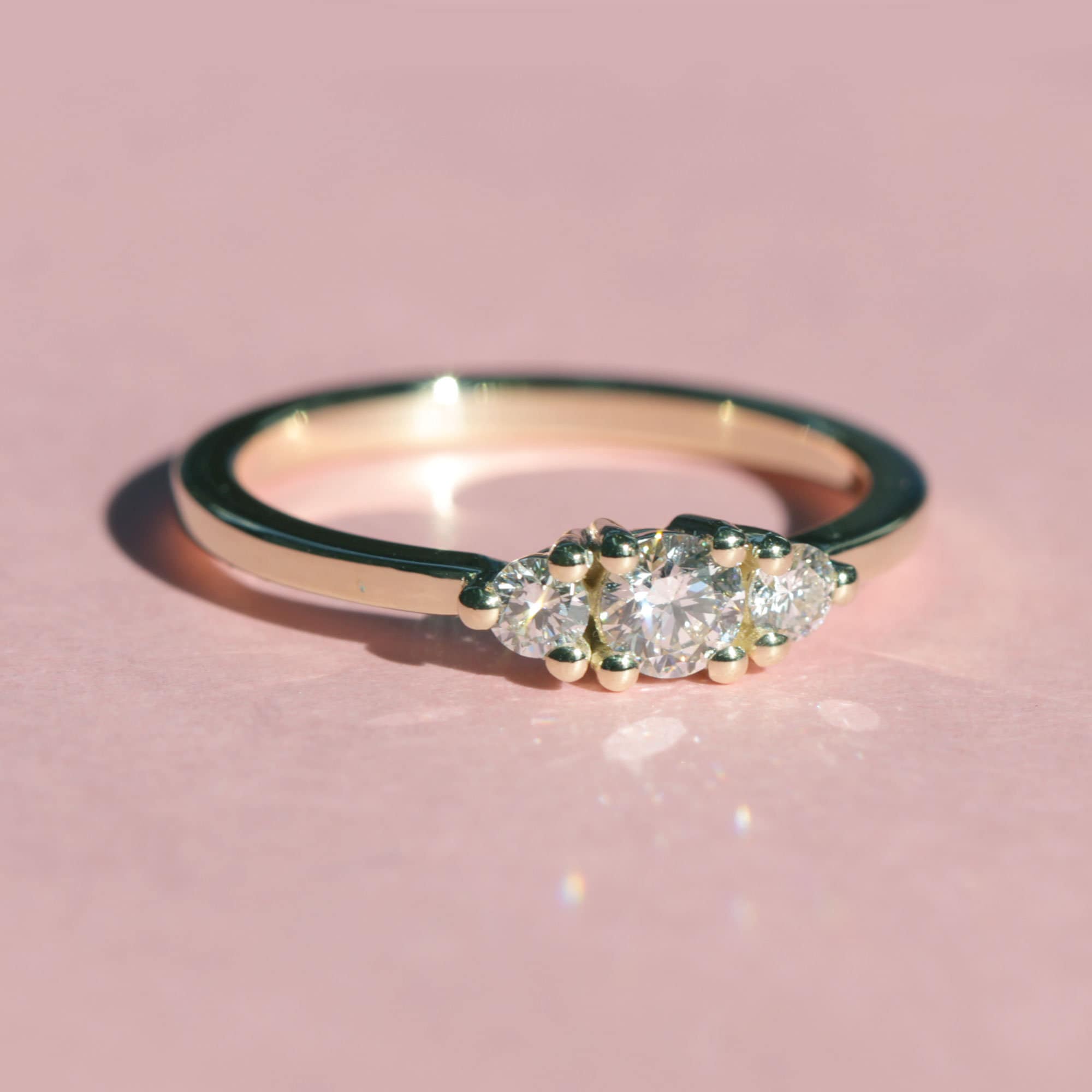 Three Diamond Ring, Gold Engagement Ring, Wedding Ring, Delicate Ring ...