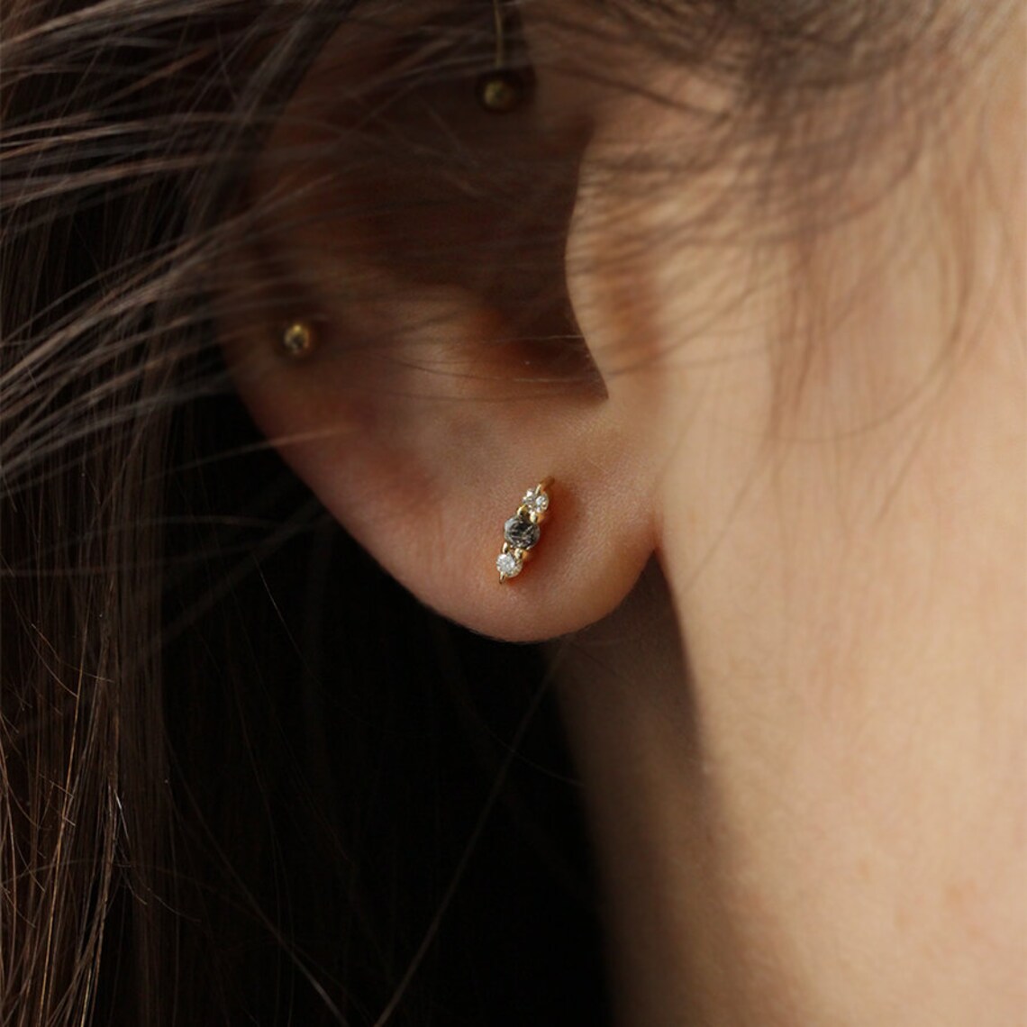 14K Solid Gold White and Gray Diamonds Ear Piercing SINGLE EARRING - Etsy