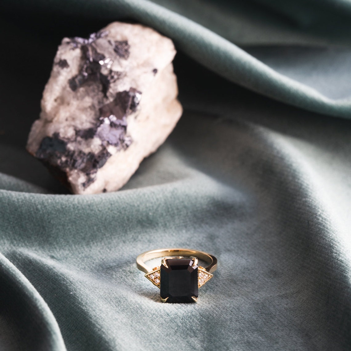 Engagement Ring Black Monzonite Ring 14K Gold Wedding - Etsy Polska