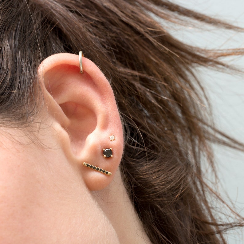 Long Bar Earring, 14K Gold Earring, Small Stud, Gold Post, Black ...