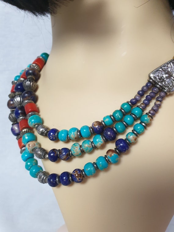 1960-70s colourful three strand dyed bone necklace in… - Gem