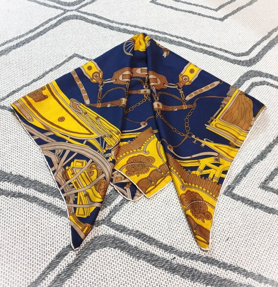 1970s hand rolled hem vintage silk scarf with royal h… - Gem