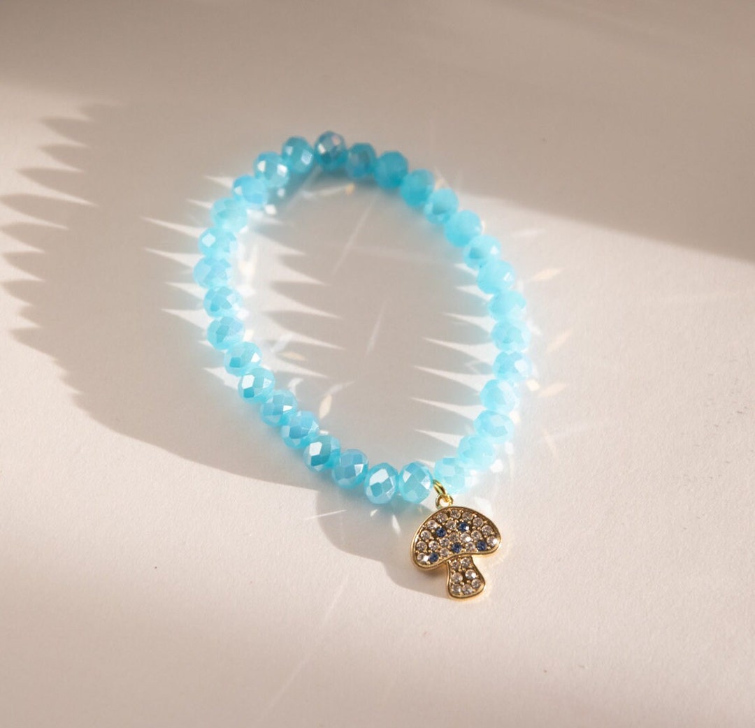 Super Cute 90s Nostalgia Sparkle Mushroom Blue Beaded Bracelet - Etsy