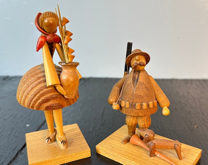 Vintage Polish Wooden Wood Carvings Women Hunter Man Dog Folk Art ...